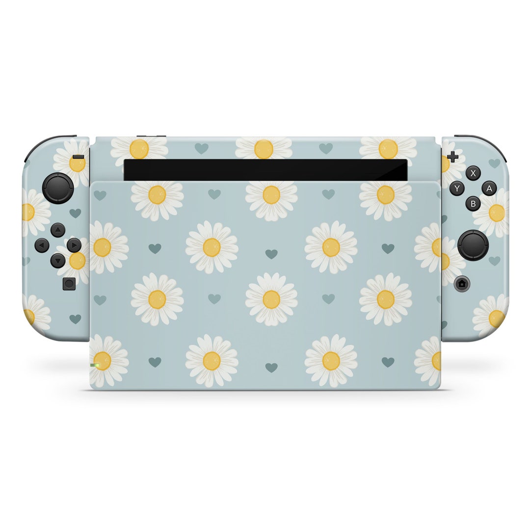 Daisy Hearts Nintendo Switch Skin, Cute Flower Garden Blue Decal for Nintendo Switch Joycons ...