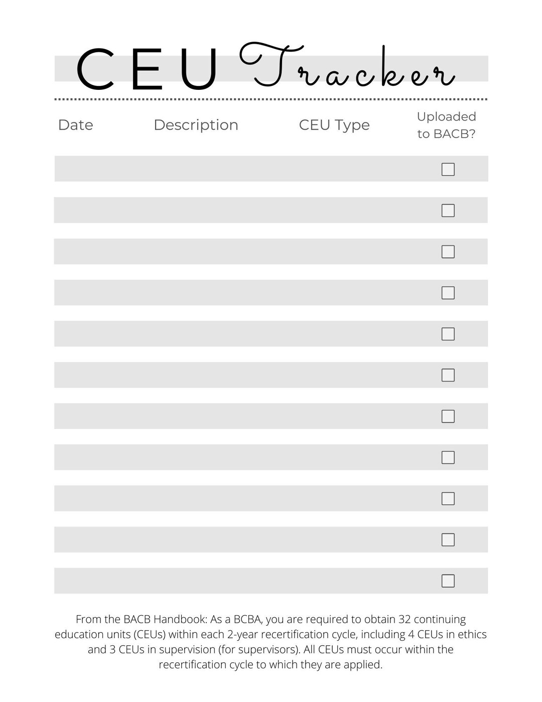 BCBA CEU Tracker, Continuing Education, Instant Download, Behavior ...