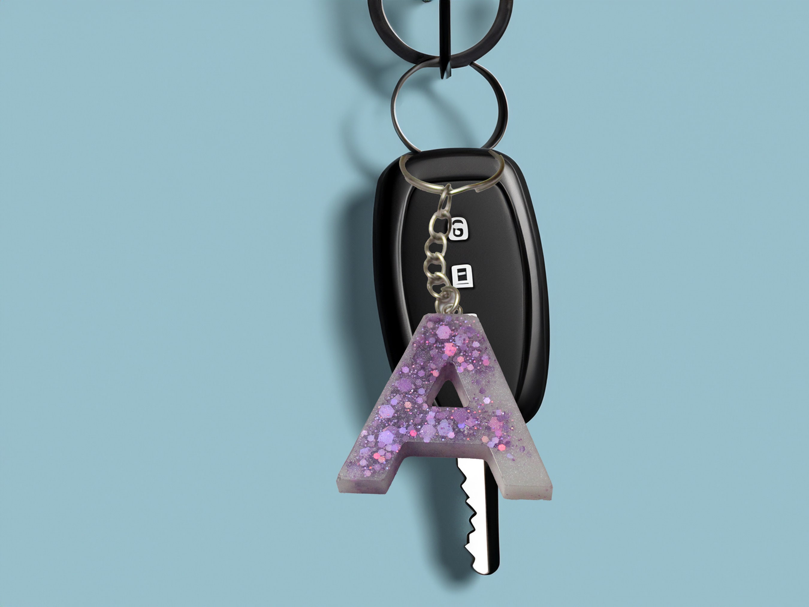 Purple Glitter Initial Keychain: Personalized Resin Letter Bag Charm - Etsy