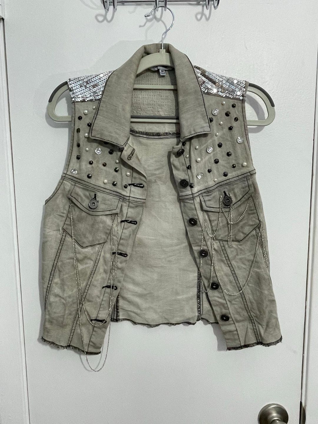 Y2K Vintage Denim Vest Medium Gray Bling Chains Grunge Indie Festival ...