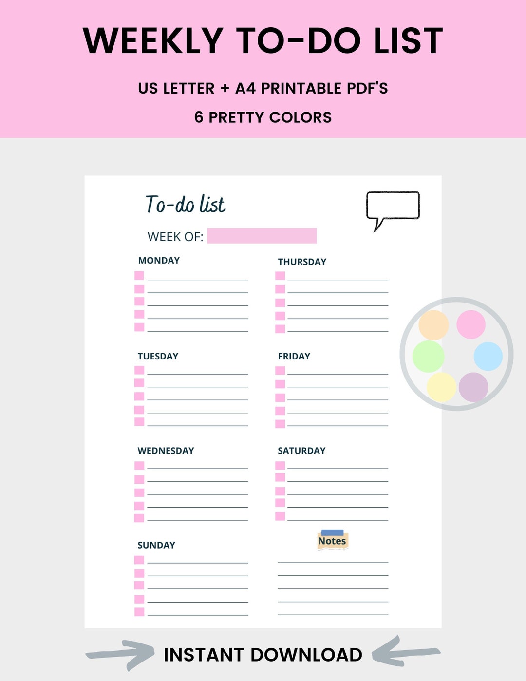 Weekly To-do List, Printable, Note Taking, Productivity List, Digital ...