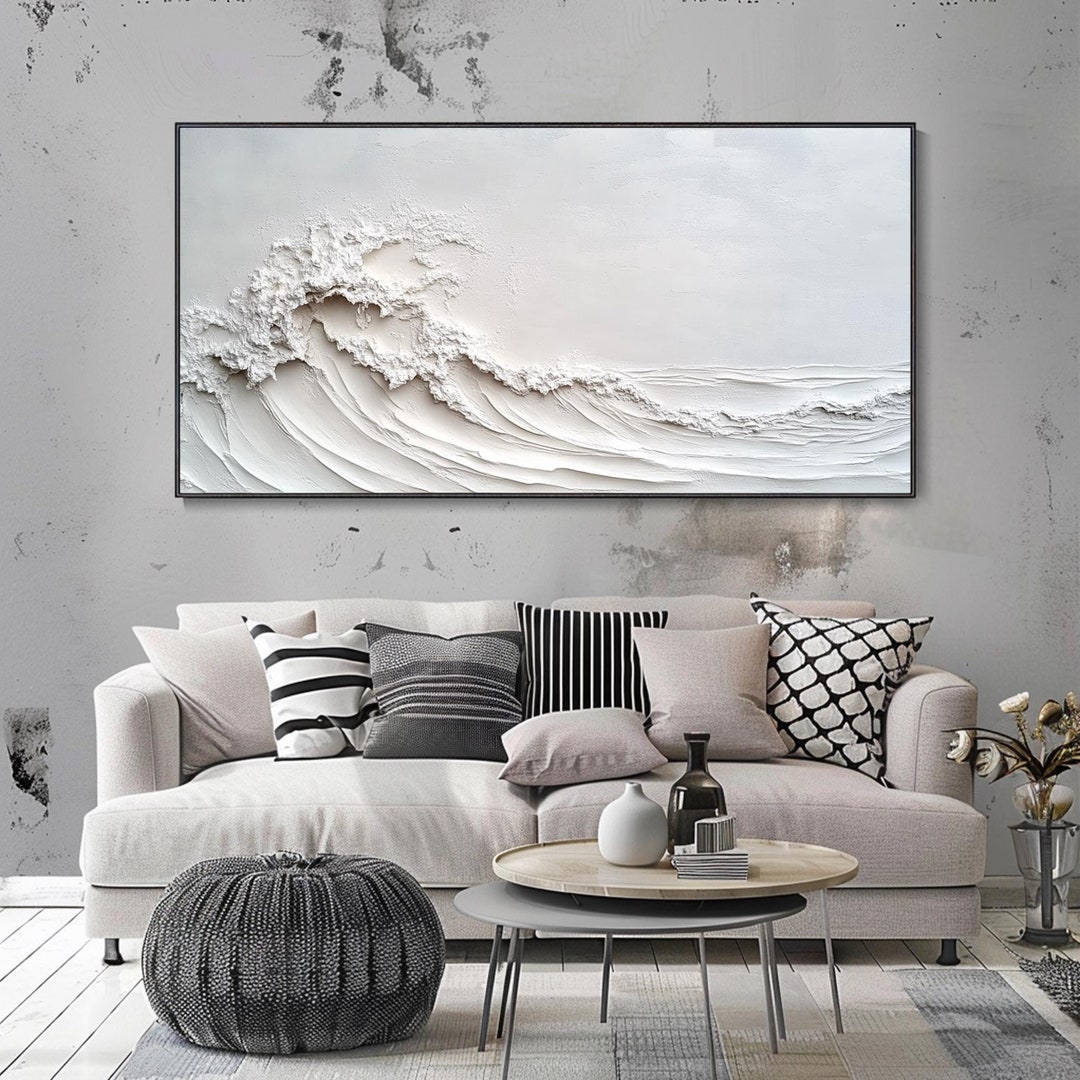 Ocean Wave Painting on Canvas 3D White Minimalist Beach Painting Textured Wall Art Wabi-sabi ...