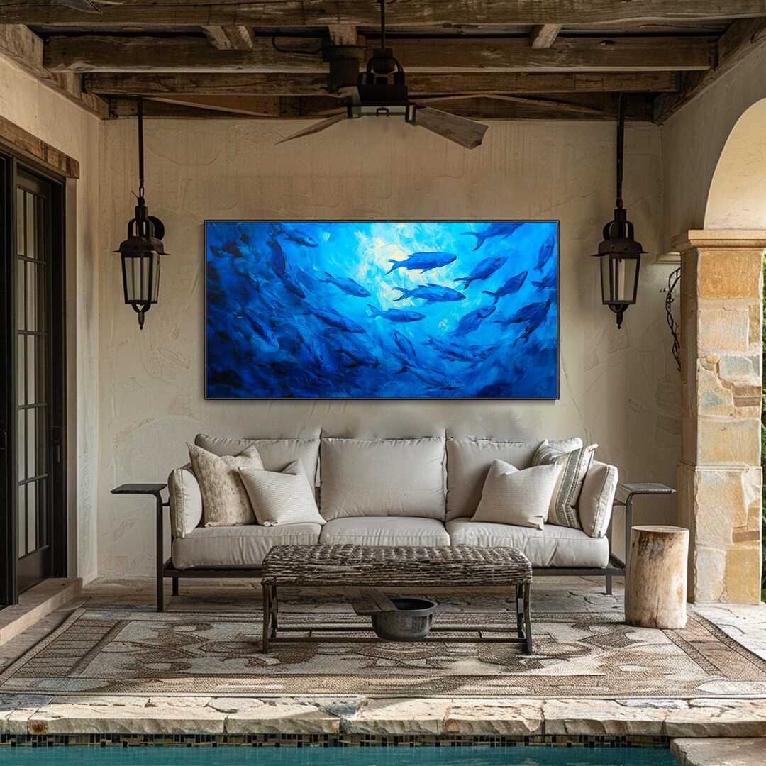 Fish Swarm Oil Painting on Canvas 3D Ocean Texture Wall Art Vibrant ...