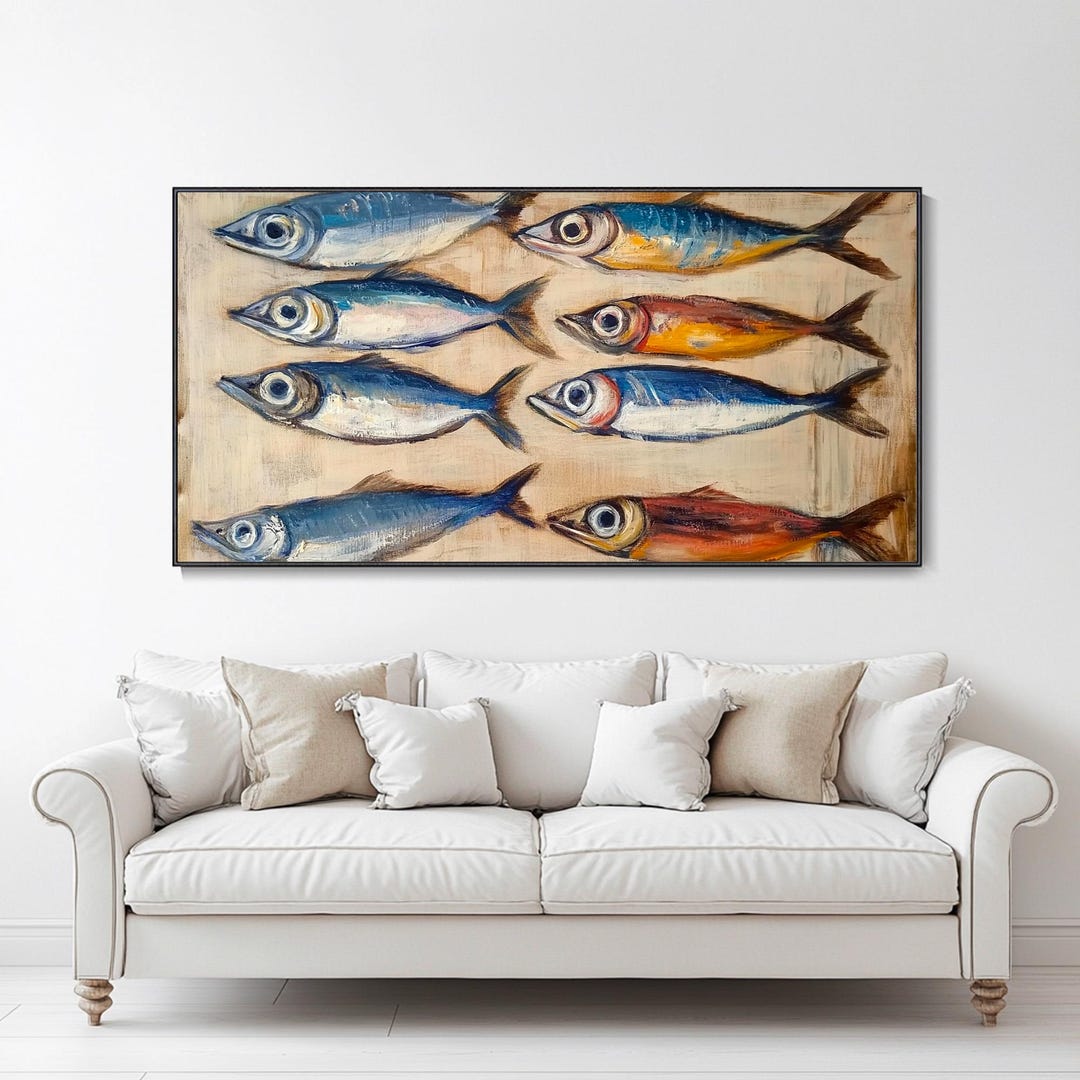 Original Hand Sardines School of Fish Oil Painting Sardines Animal Fish ...