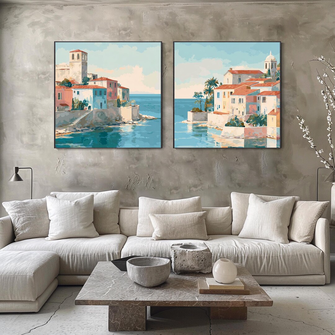 Blue Seaside Canvas Oil Painting 3D Textured Wall Art Set of 2 Seascape ...