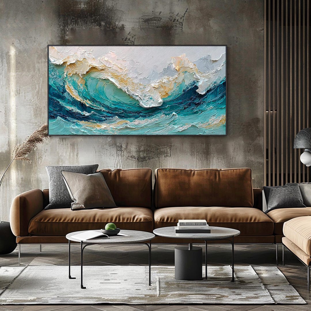 Large 3D Textured Ocean Waves Wall Mural Original Plaster Style Beach ...