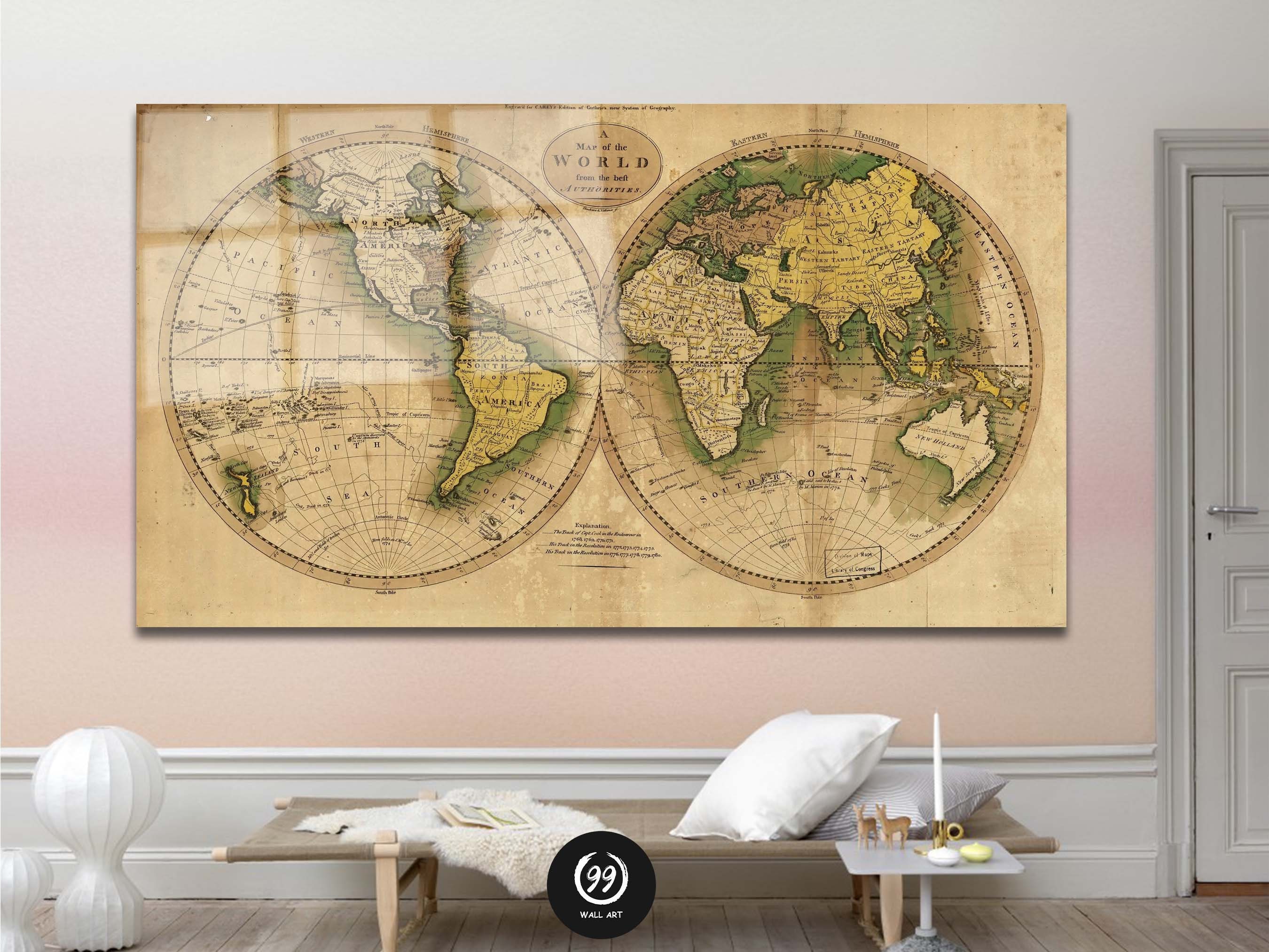 World Map Tempered Glass Wall Art, Map Print, Global Wall Decor, Modern ...