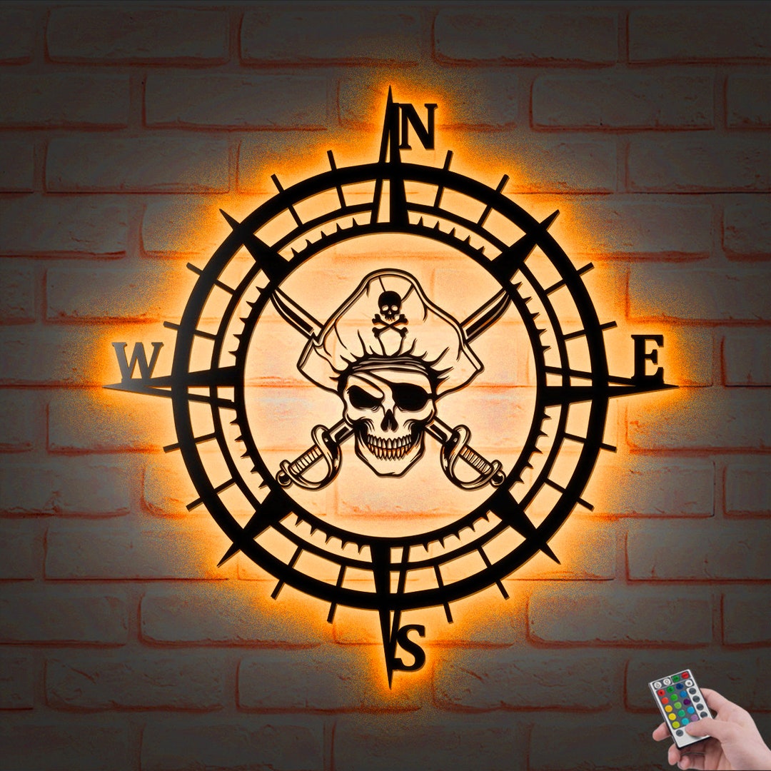 Pirate Skull Compass Metal Wall Art LED Light Pirate Skull - Etsy