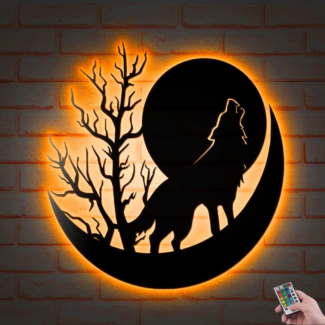Howling Wolf Moon Metal Wall Art Led Light Mountain Wolf Moon - Etsy