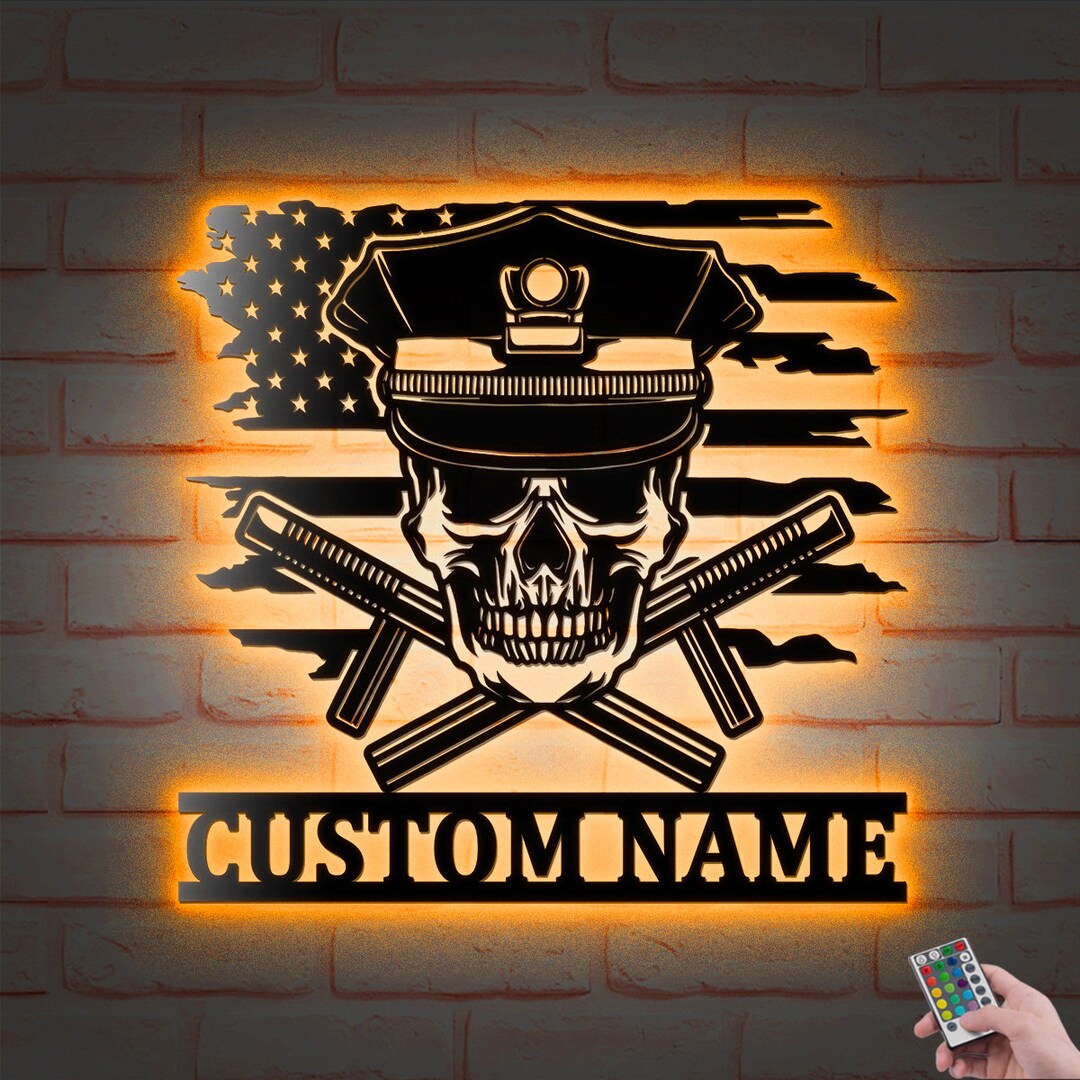 Custom US Police Skull Metal Wall Art With Led Lights - Etsy