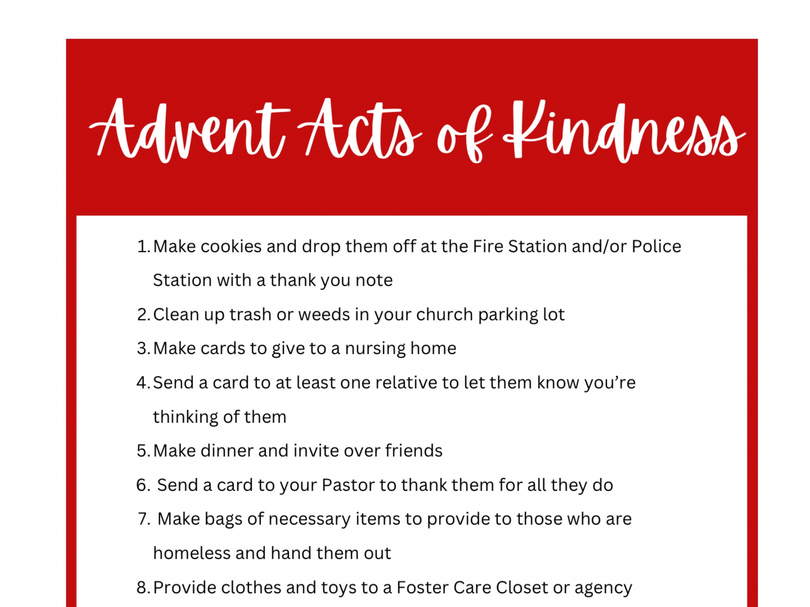 Christmas Acts of Kindness Calendar, Kindness Cards, Advent Faith ...