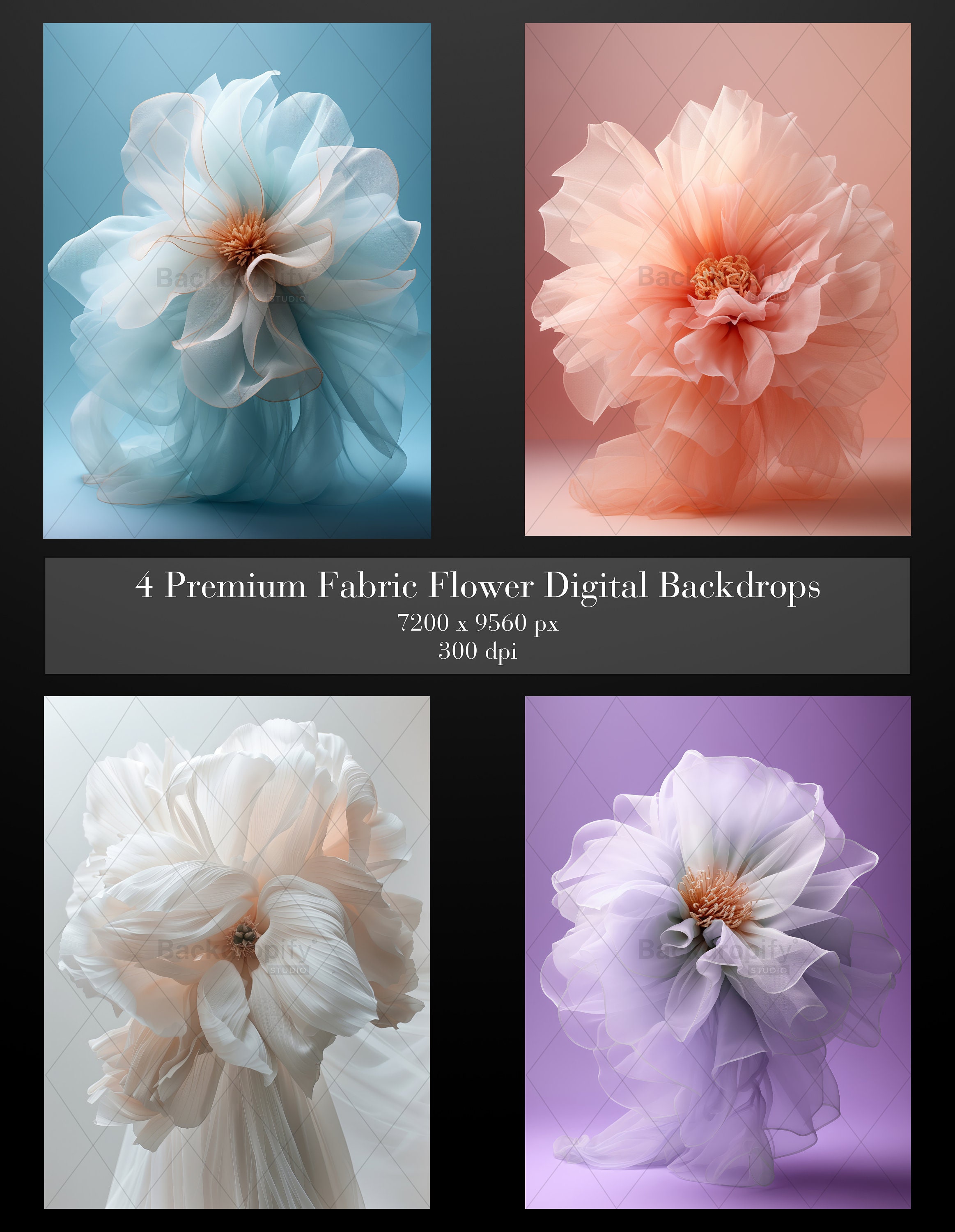 Set of 4 Fabric Flower Digital Backdrop, Fine Floral Art Portrait ...