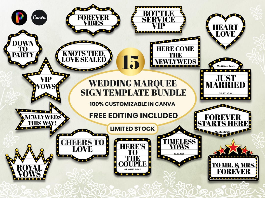 Customizable Wedding Marquee Entrance Signs Bundle - 15 Digital Canva ...