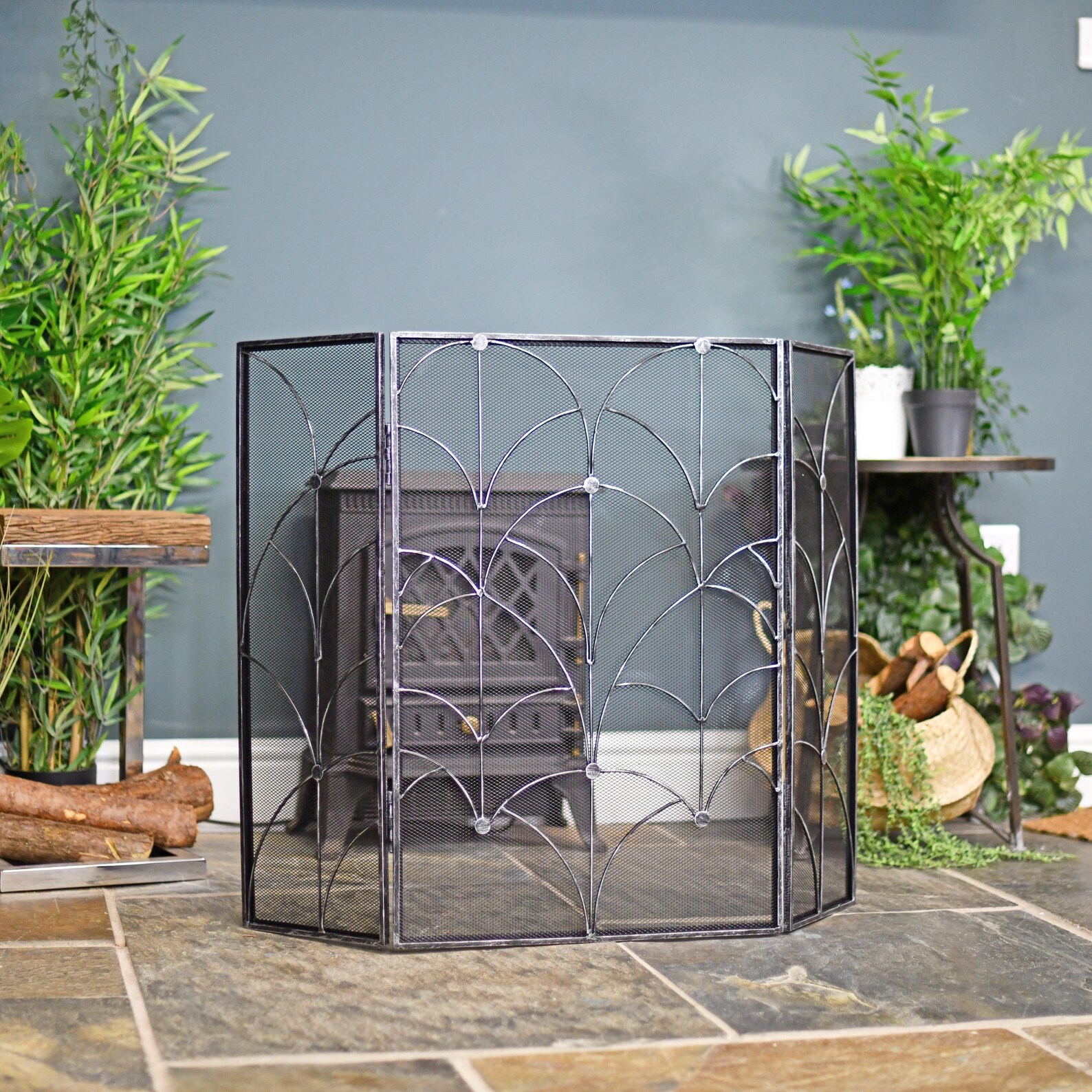 76 Cm High "art Deco" Antique Silver Three Fold Fireguard With Door ...