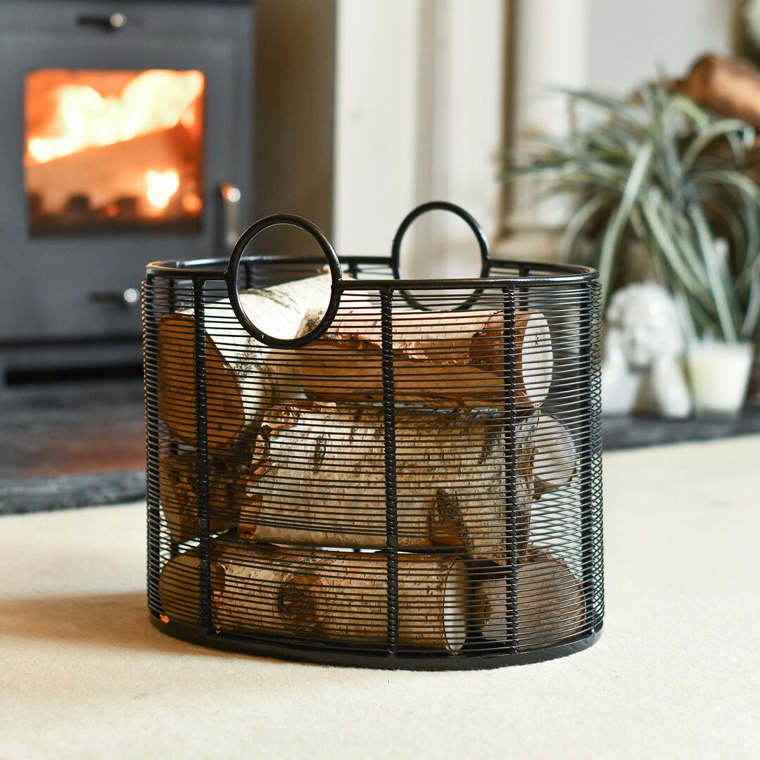 Black Metal Contemporary Wirework Log & Kindling Holder With Handles ...
