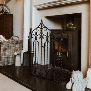 Iron Three Fold Black Fire Guard With Tealight Holders/ Simplistic ...