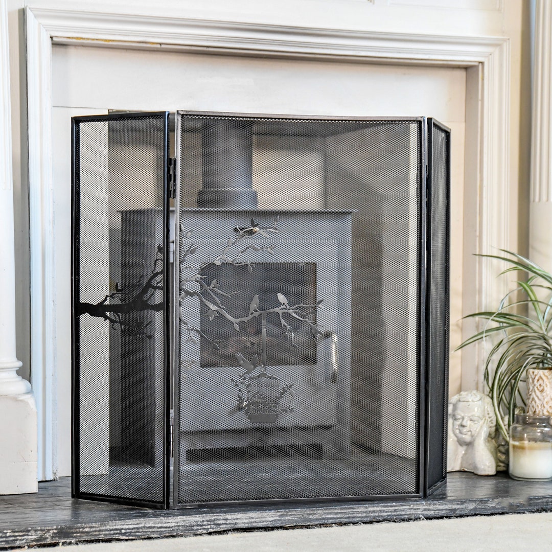 Birds and Branches Three Fold Black Mesh Fireguard/detailed Fire Guard ...