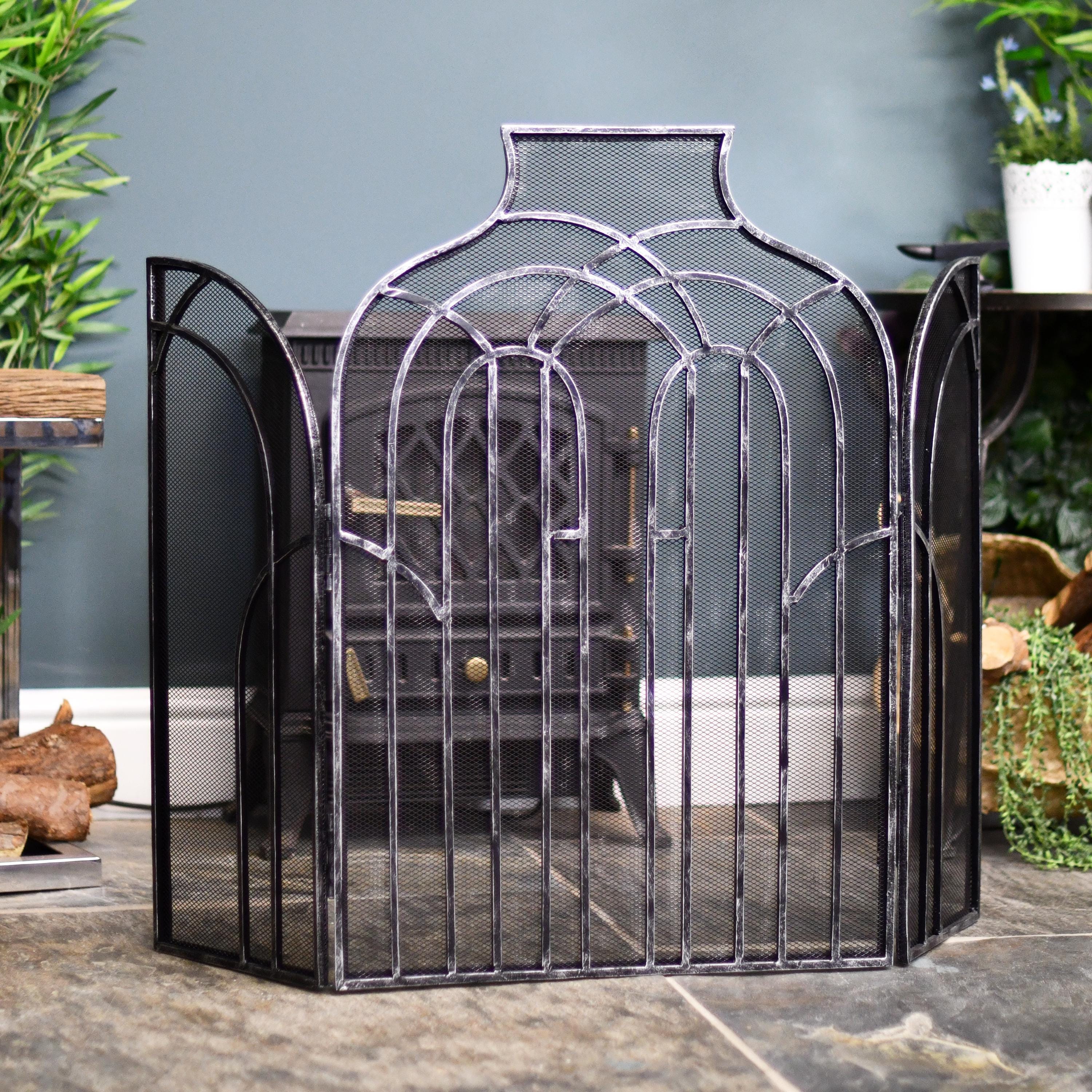 Three Fold Antique Silver Arched Three Fold Fire Guard/ Safety Fire ...