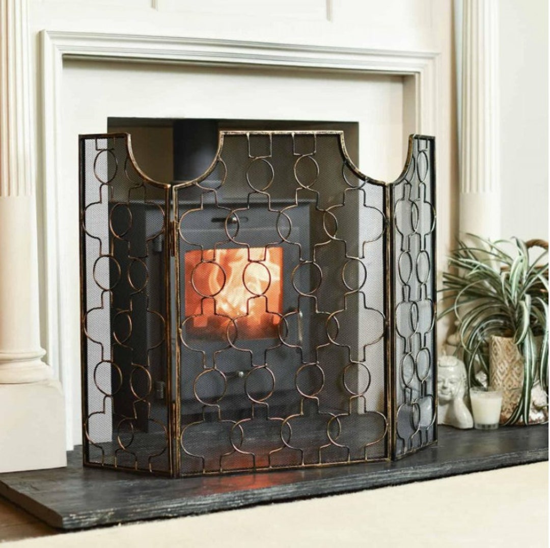 Gothic Gold Wash Three Fold Fire Guard, Elegant Fire Guard, Mesh Fire ...