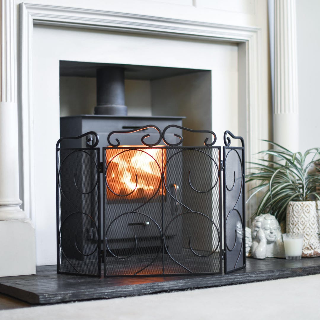 Black Three Fold Scroll Design Fire Guard, Decorative Scroll Design ...