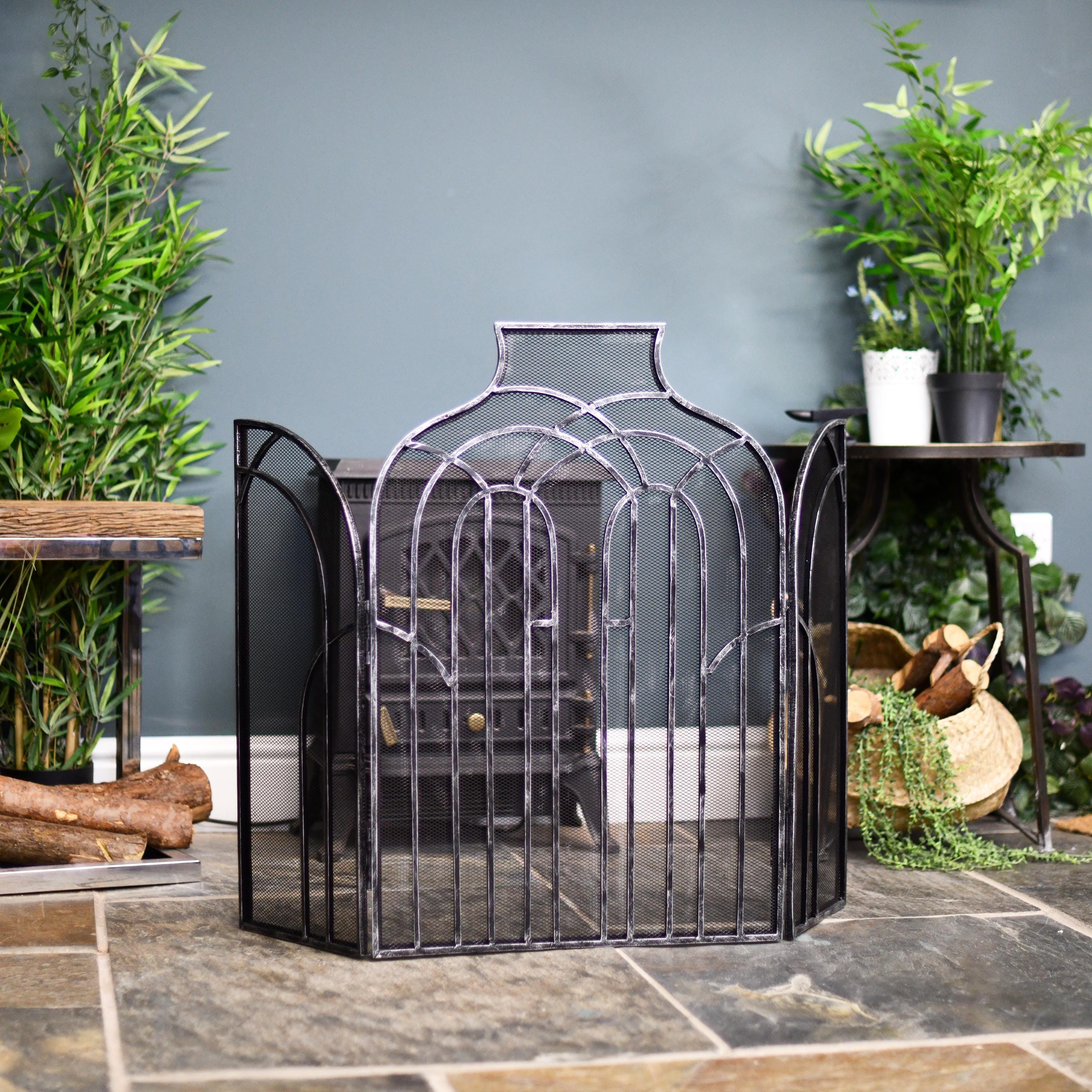 Three Fold Antique Silver Arched Three Fold Fire Guard/ Safety Fire ...