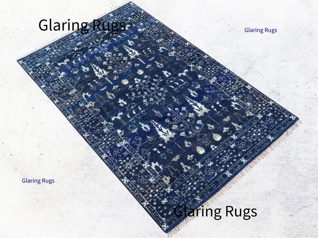 Hand Knotted 5x8 Blue Wool Area Rug – Modern Vintage Style Distressed ...
