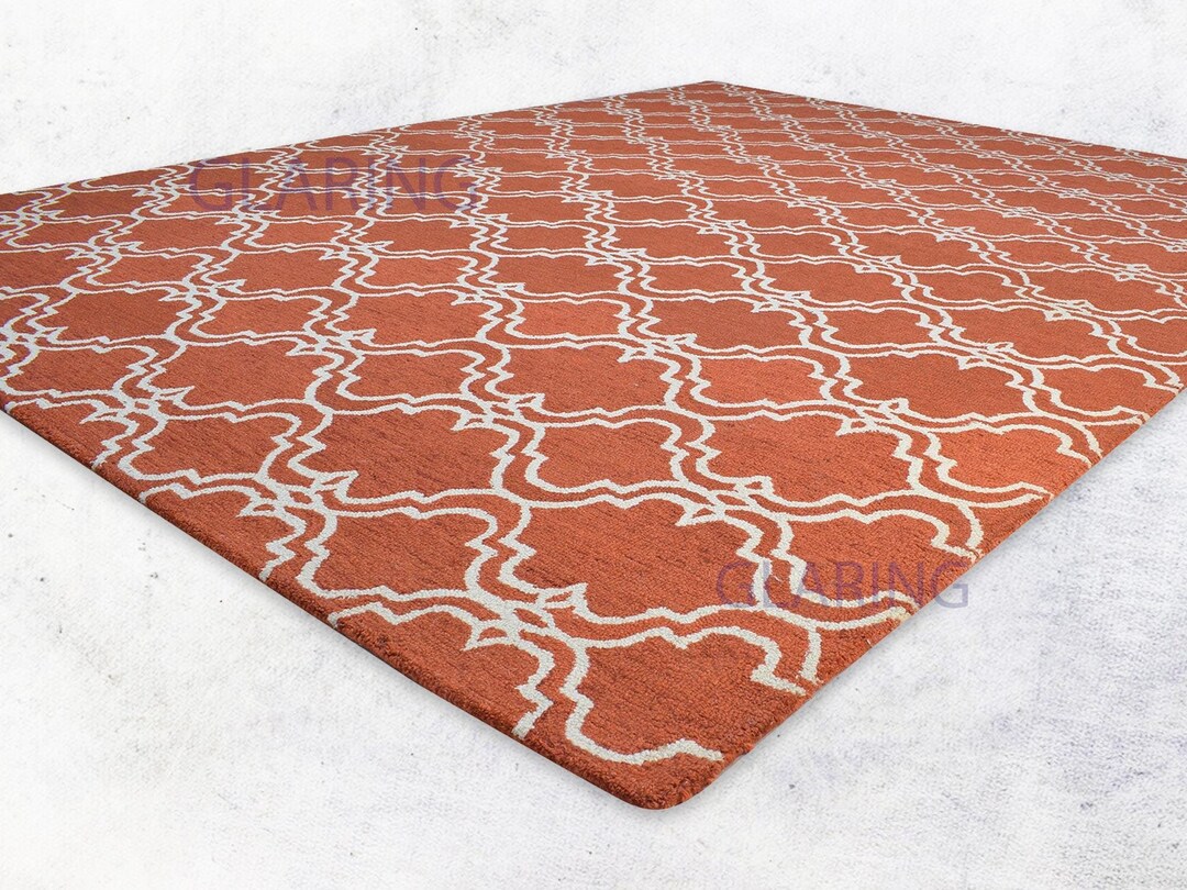 Scroll Tile Rug | Moroccan Trellis Wool Area Rug | Modern Design in Orange & Ivory | Bedroom Rug ...