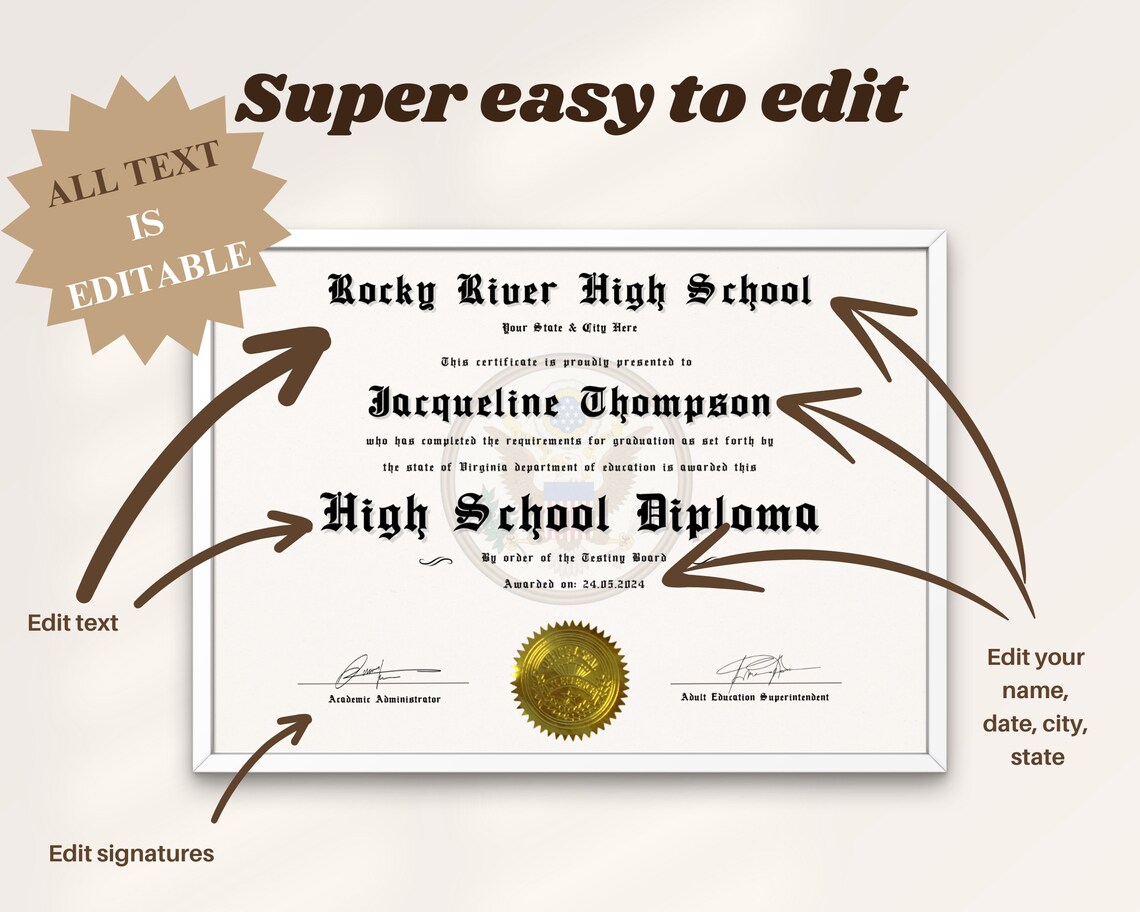 GED Diploma Template Editable With Gold Seal Certificate of Completion ...