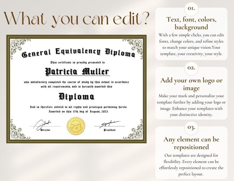 Personalized Diploma Template, DIY Editable Diploma Template, Printable ...
