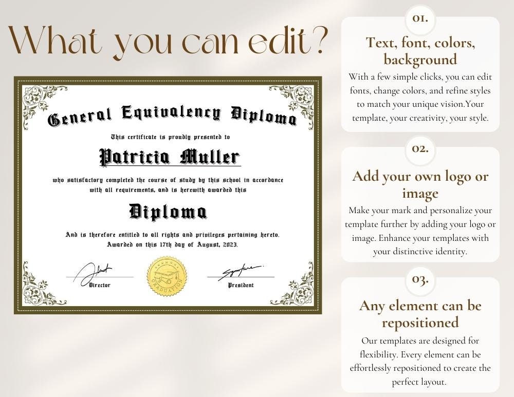 Personalized Diploma Template, DIY Editable Diploma Template, Printable ...