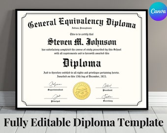 Graduate High School Diploma Template General Equivalency - Etsy