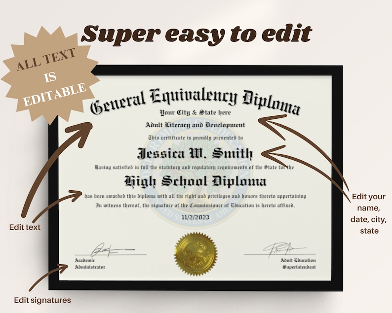 Custom GED Diploma With Gold Seal Personalized High School Graduation ...