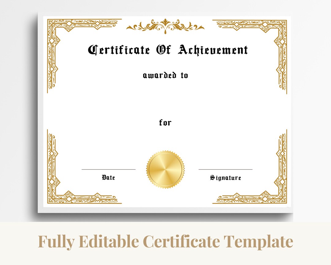 Custom Blank Certificate of Achievement Template, Editable Certificate ...