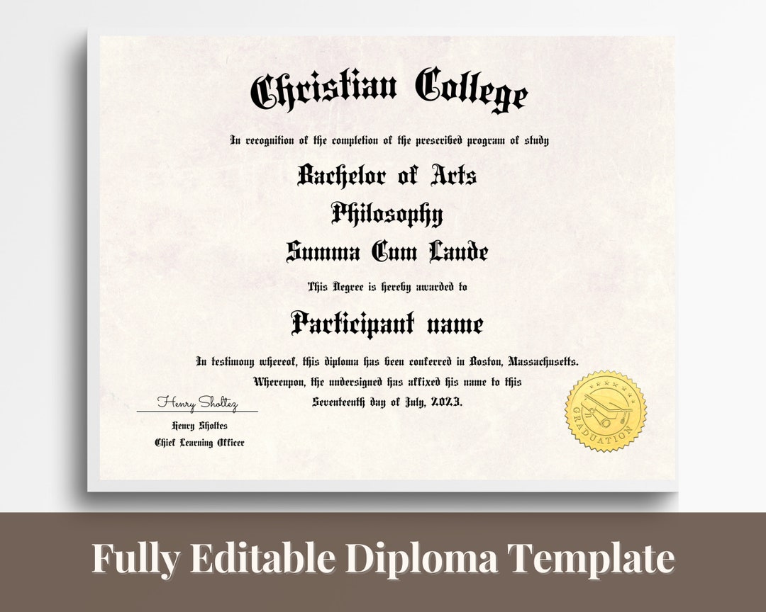 Christian College Diploma Template, Replacement Diploma, Printable Home ...