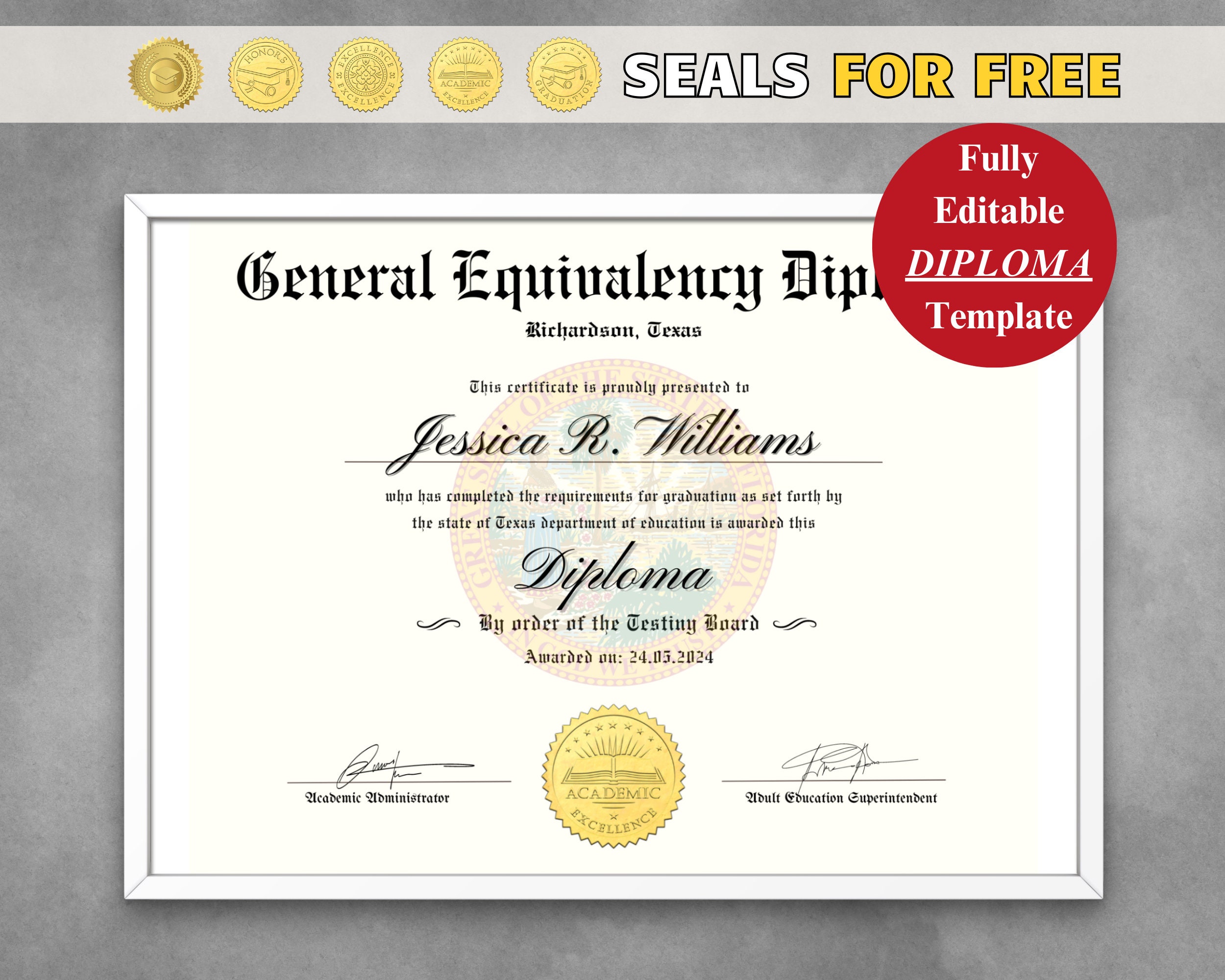 GED Diploma With FREE Gold Seals Editable in Canva Diploma Replica ...