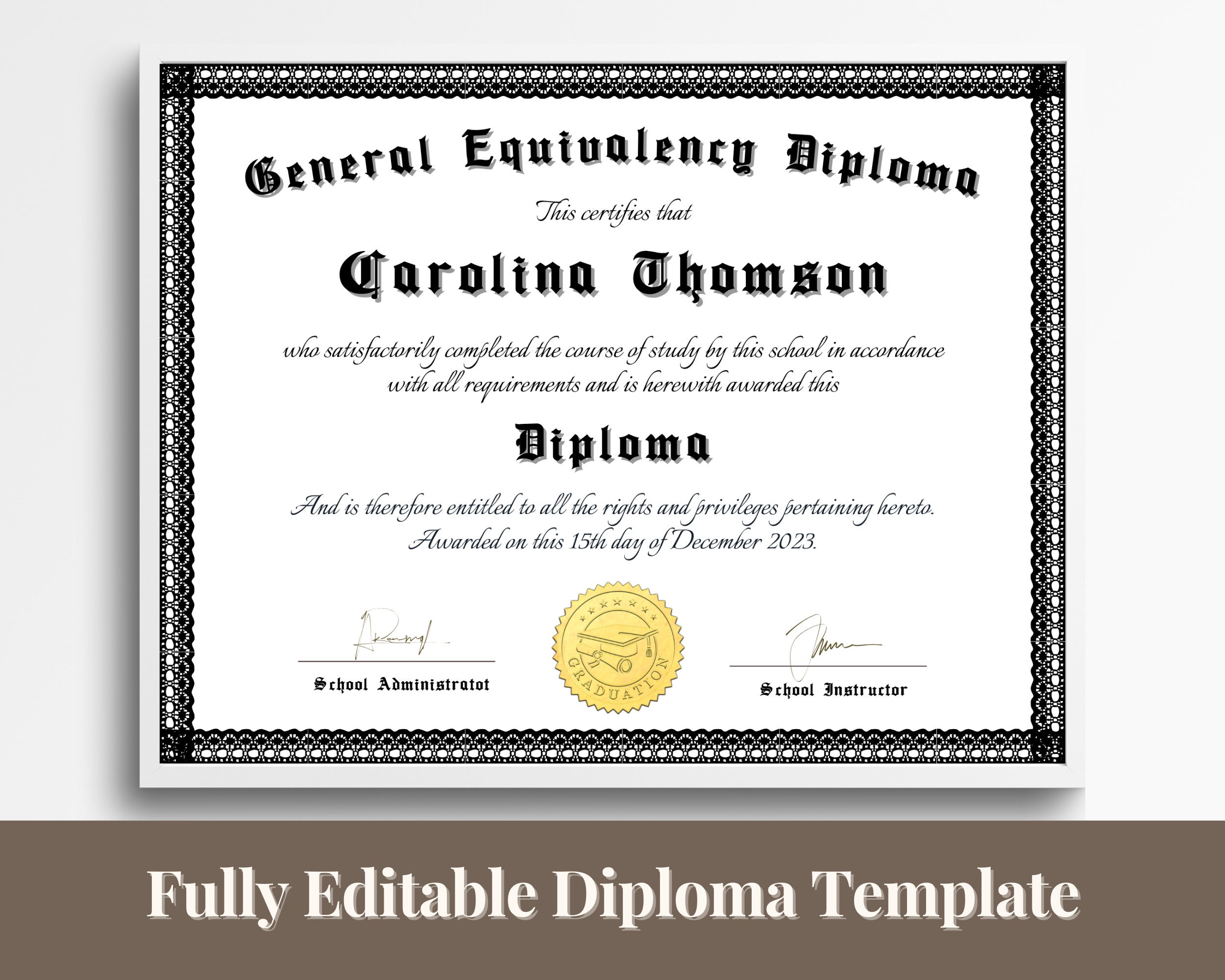 Editable GED Diploma With Gold Seal, Printable Graduation Certificate ...