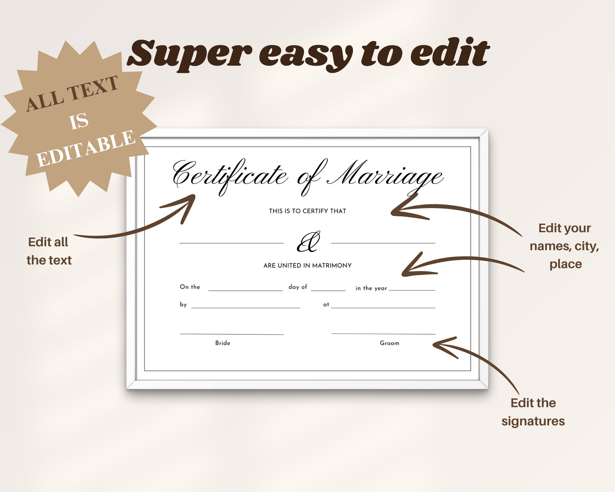 Blank Certificate of Marriage Template Editable in Canva Real Looking ...