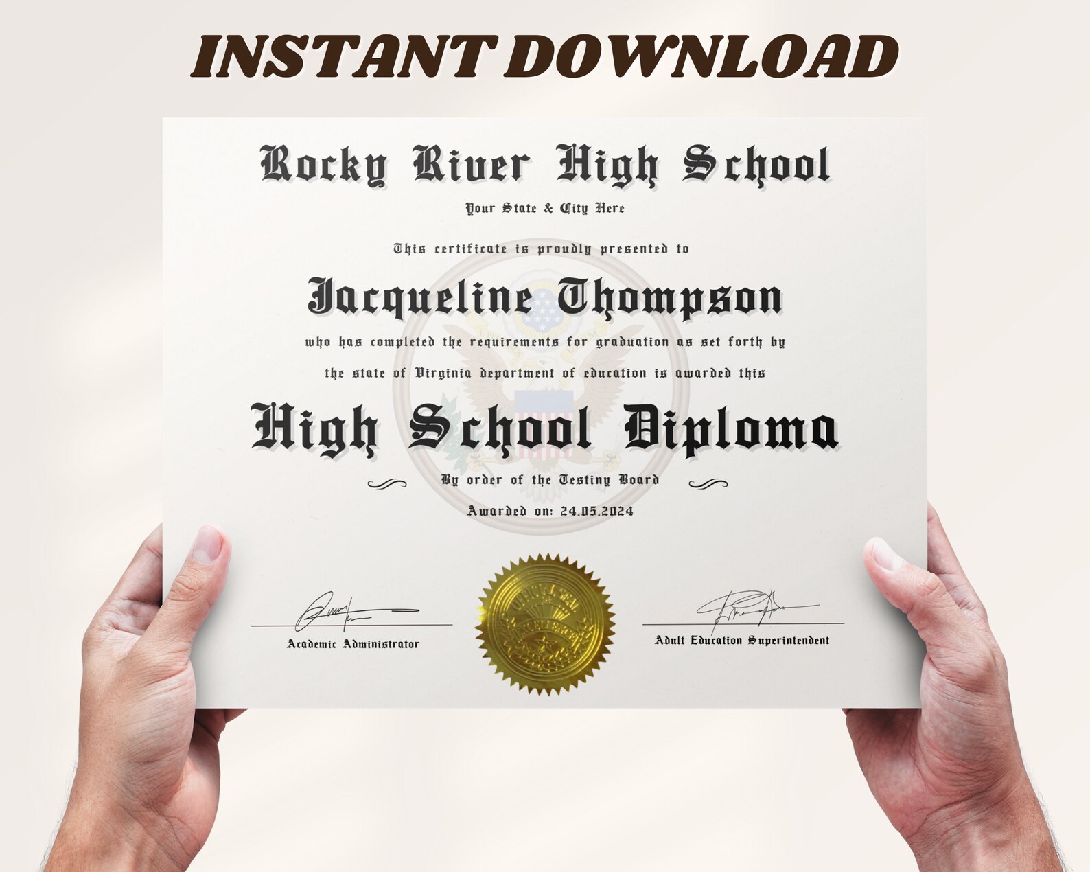 GED Diploma Template Editable With Gold Seal Certificate of Completion ...