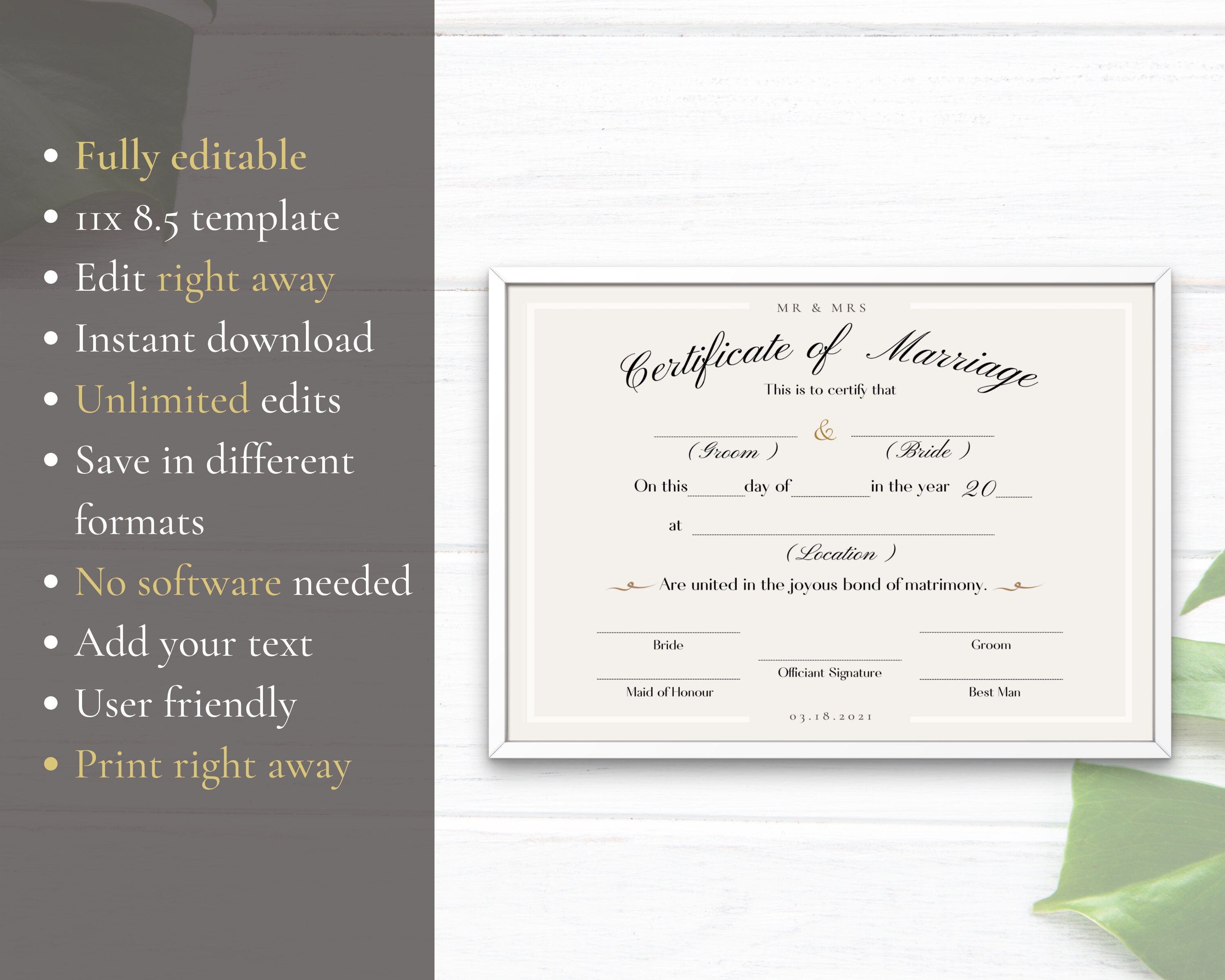 Editable Marriage Certificate Template Custom Certificate of - Etsy