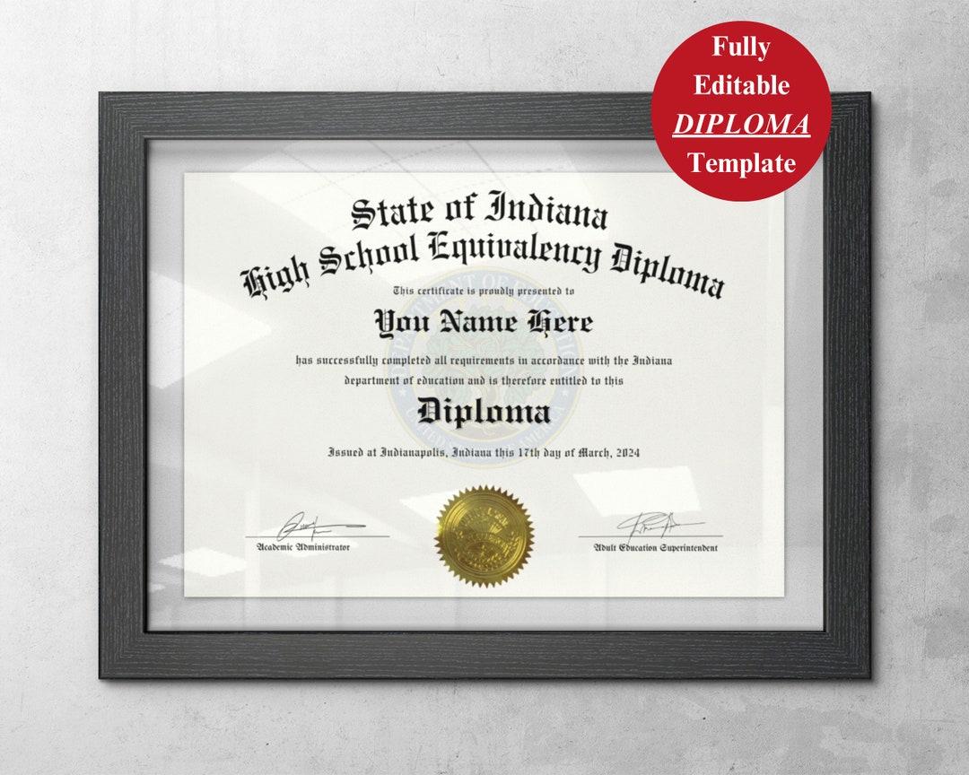 Editable GED Diploma High School Graduate Diploma Printable and Editable Canva Real Looking ...