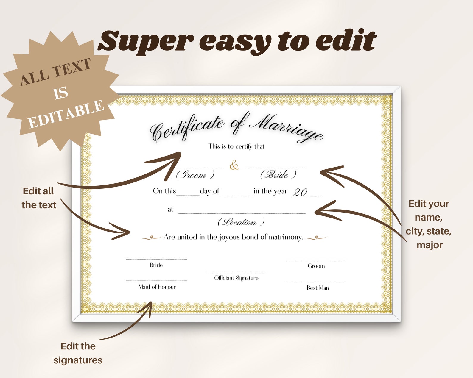 Editable Marriage Certificate Template, Custom Certificate of Marriage ...