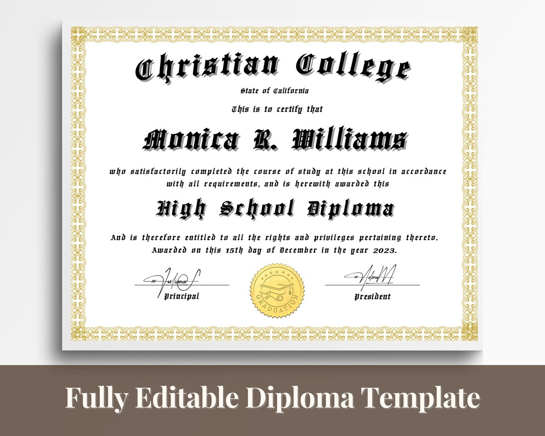 Christian College Diploma Template, Editable Home School Diploma ...