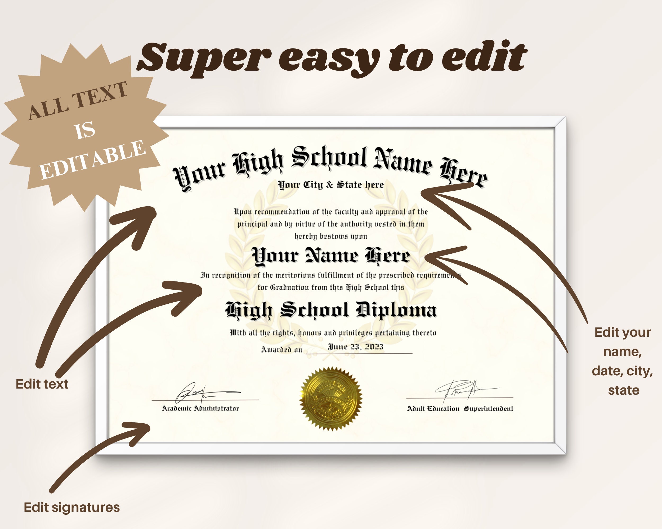 PREMIUM Custom High School Diploma Ideal for Homeschool Graduate GED ...