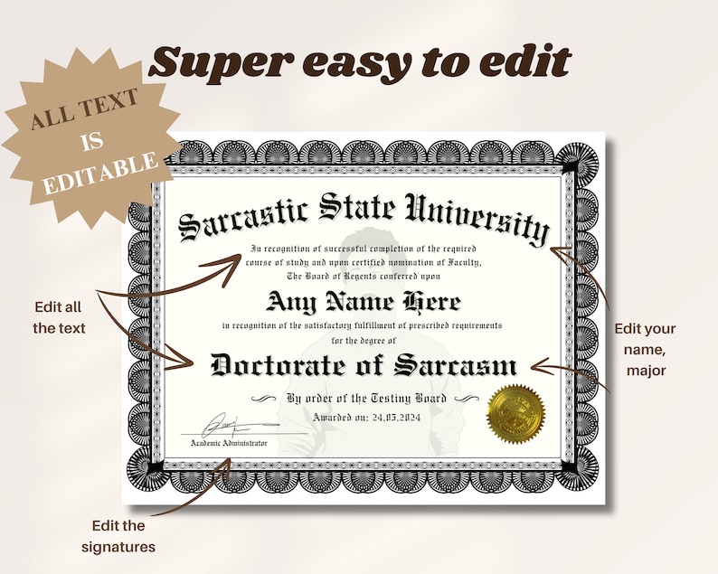 CUSTOM GAG GIFT Sarcasm Certificate Personalized Joke Diploma College ...