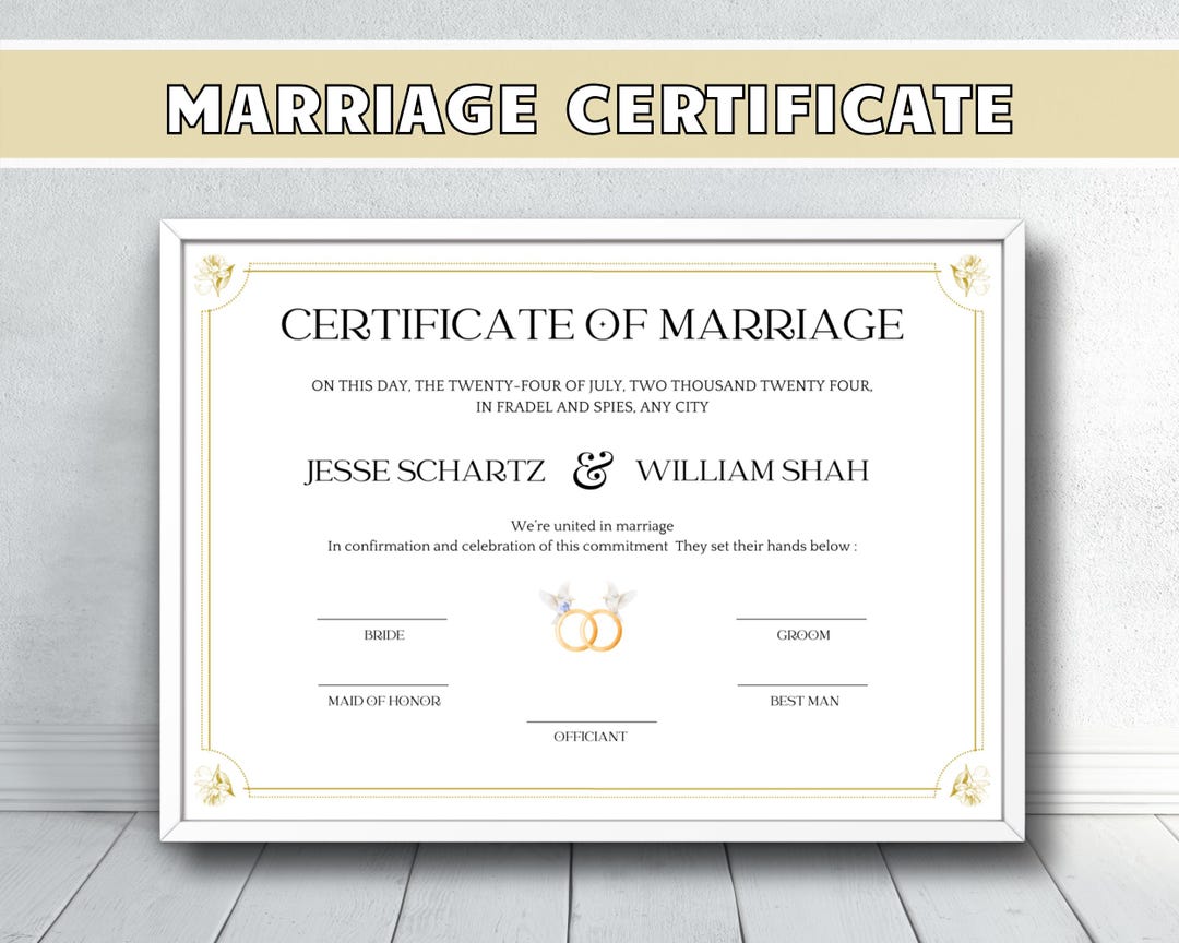 Modèle de certificat de mariage modifiable Certificat de mariage personnalisé Certificat de ...