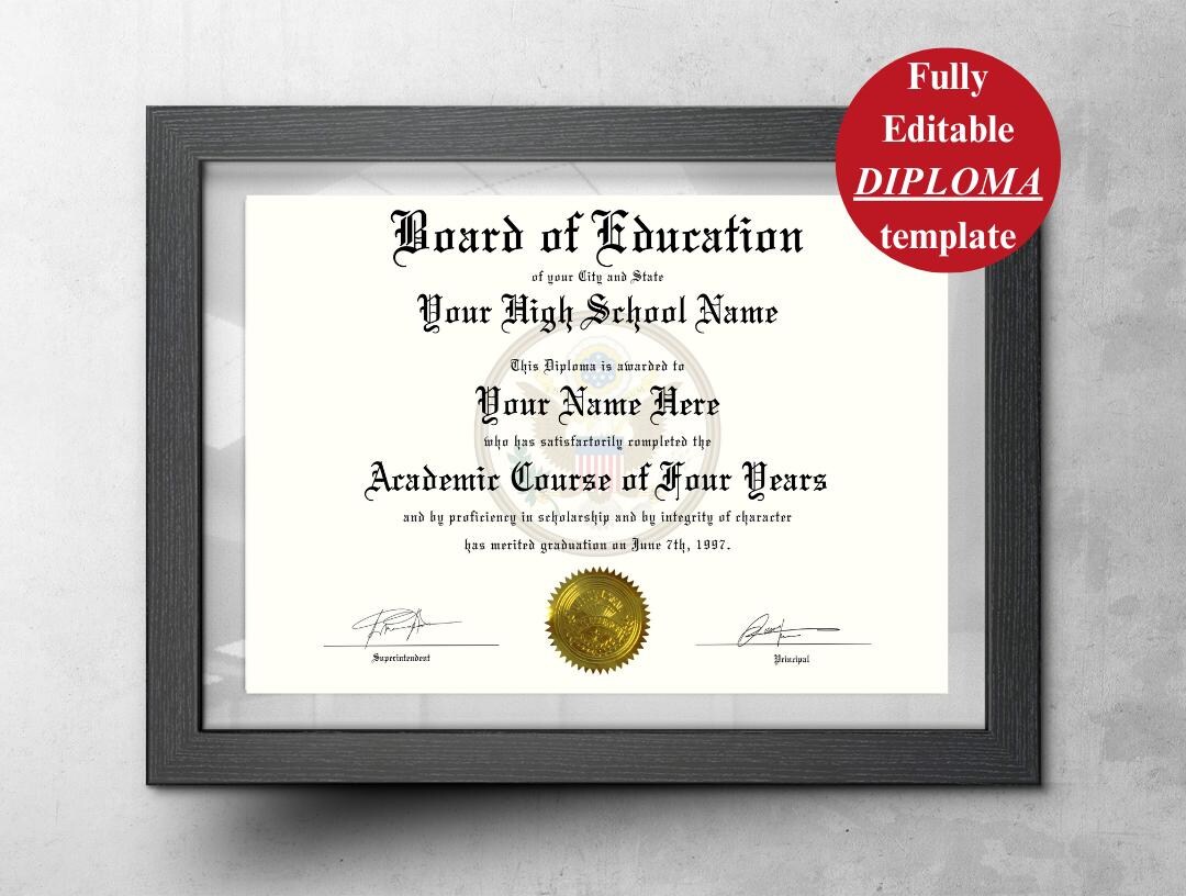 High School Diploma With Gold Seal Template Printable and Editable With Canva Personalized GED ...