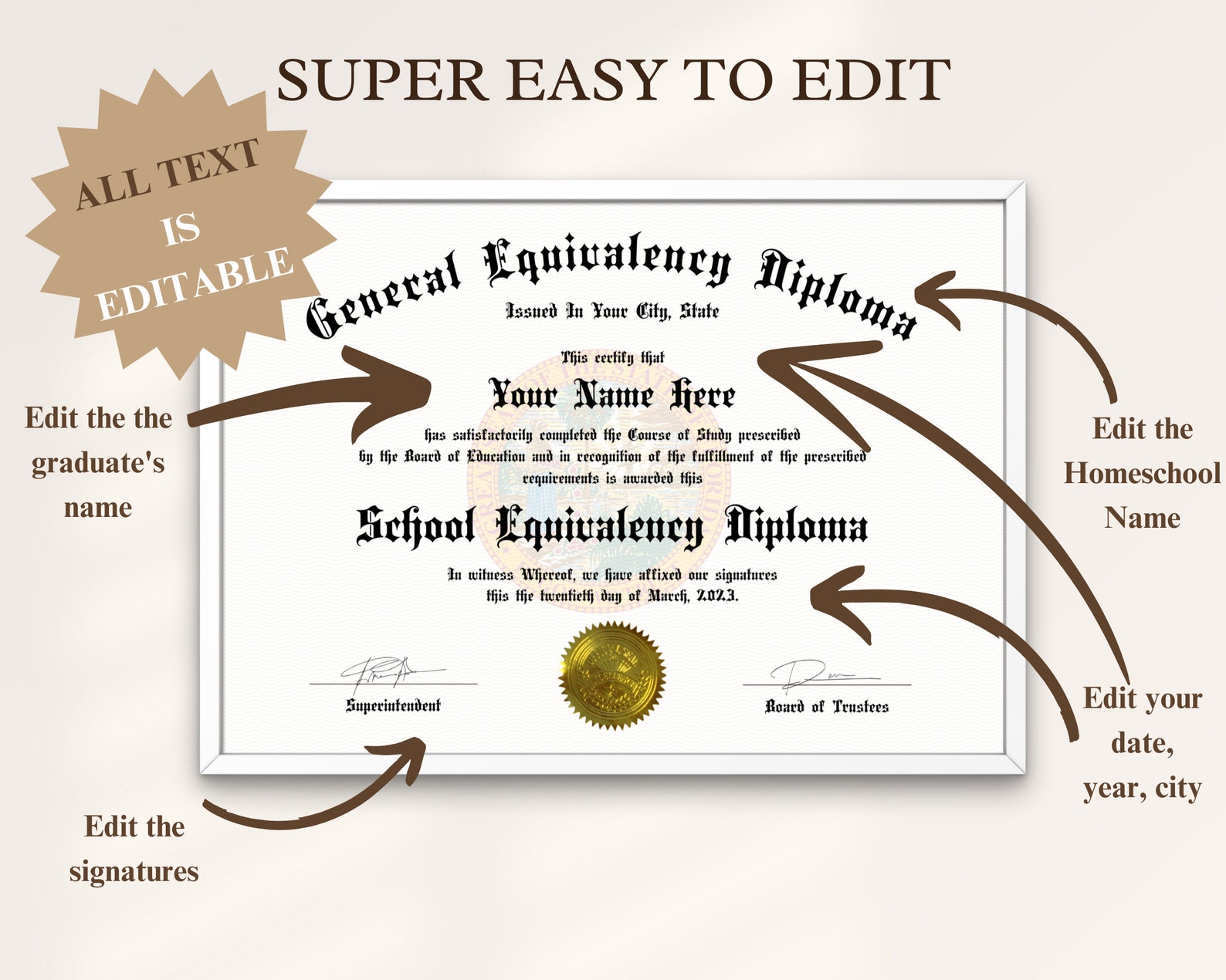 Exclusive GED Diploma With Gold Seal Fully Editable Template in Canva Printable High School ...