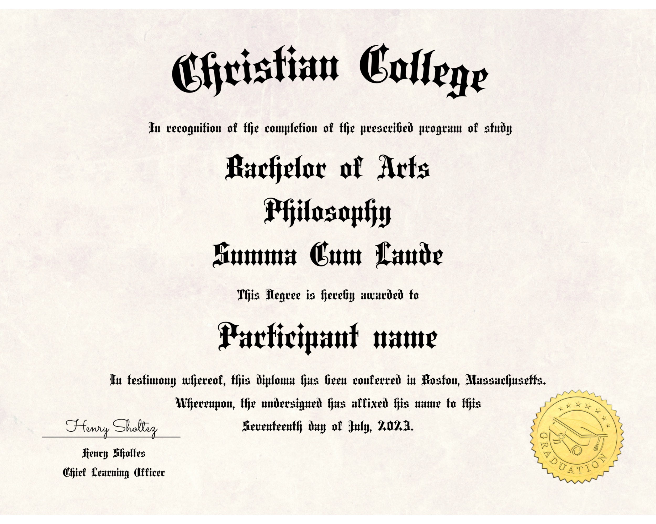 Christian College Diploma Template, Replacement Diploma, Printable Home ...
