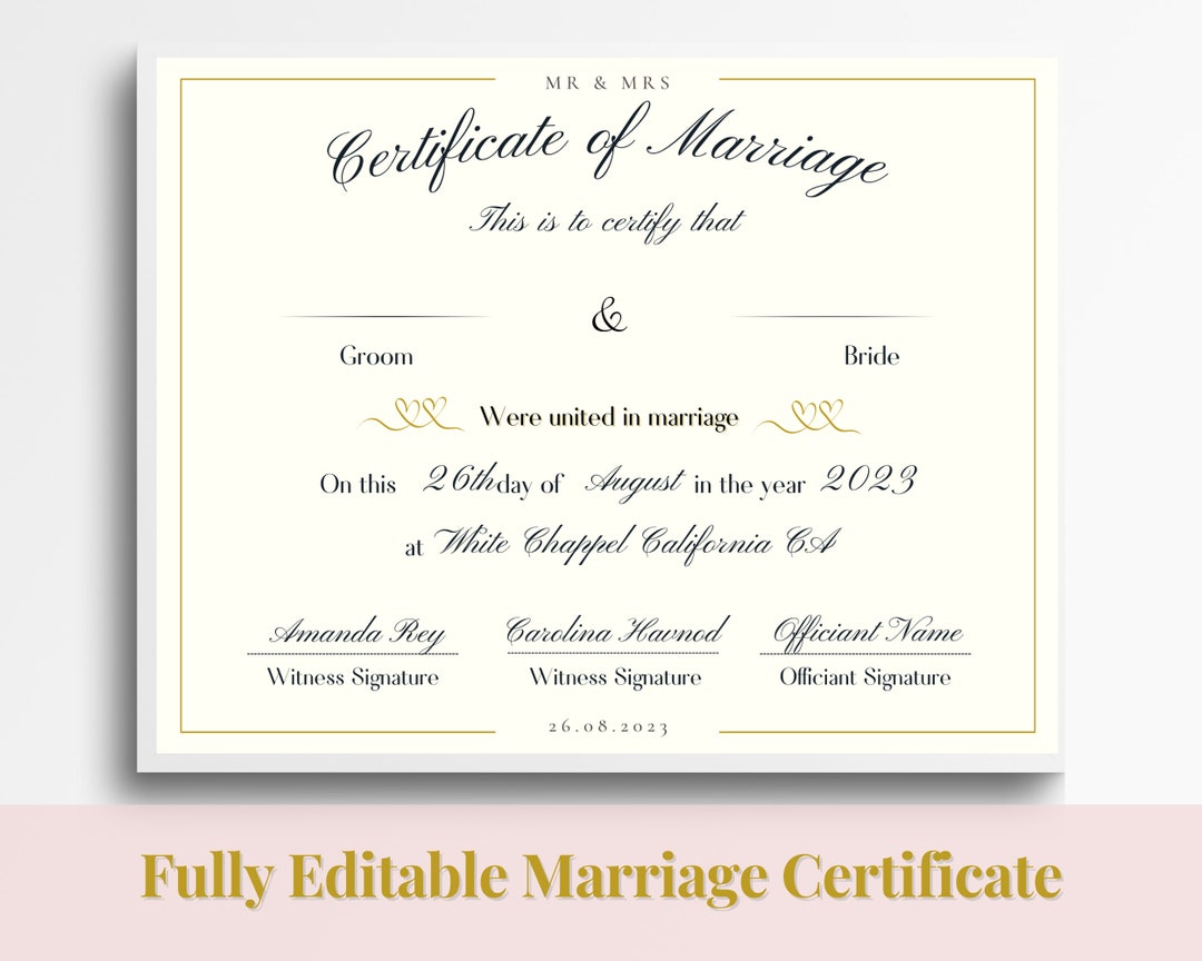 Modèle de certificat de mariage imprimable pour les jeunes mariés, souvenir de mariage ...