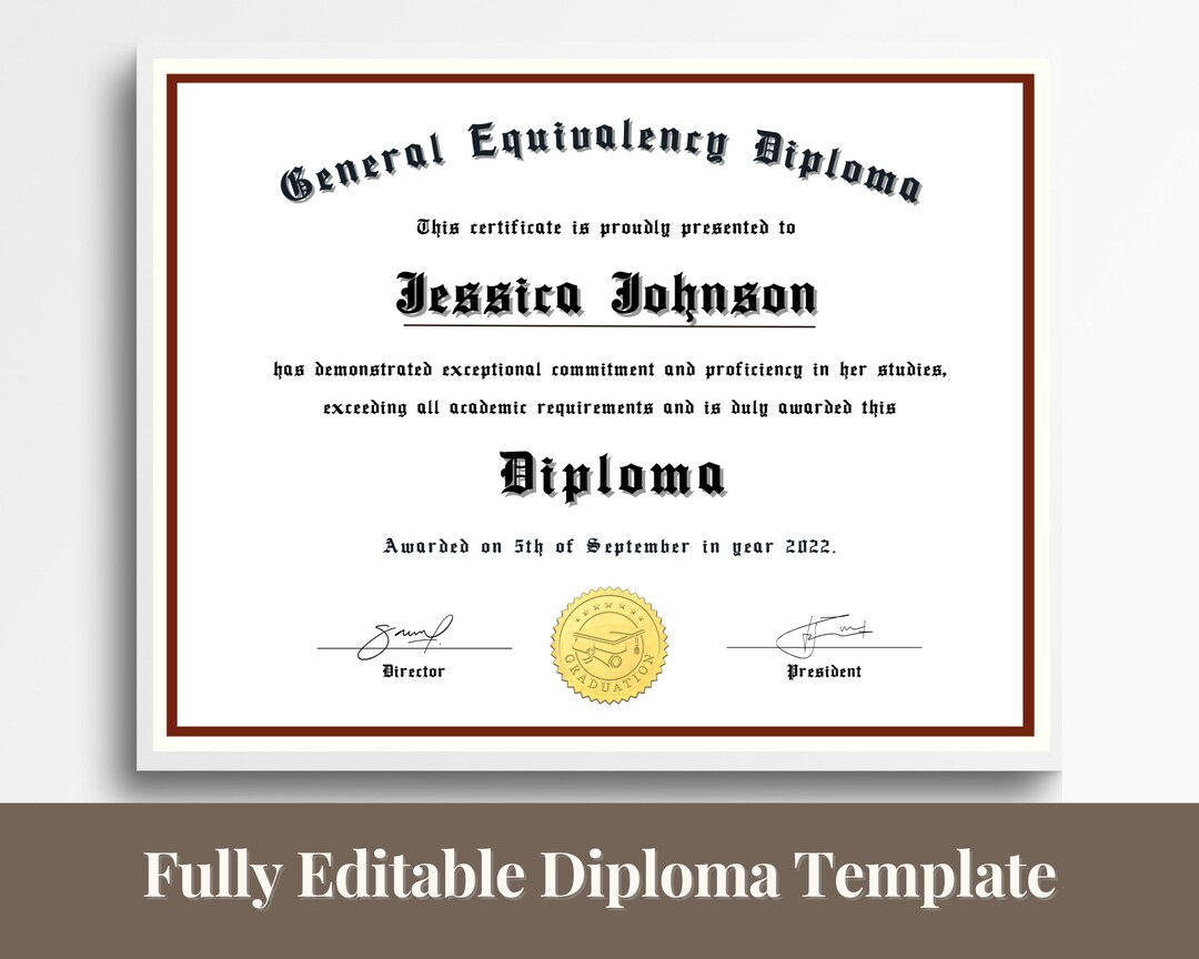 GED Diploma With Gold Seal, Printable General High School Equivalency ...